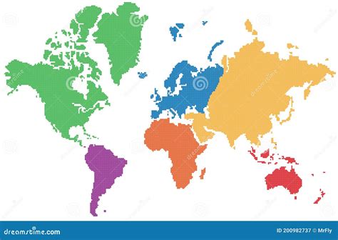 Continentes Coloridos Puntos Mapa Mundial Ilustración Vectorial De Alta