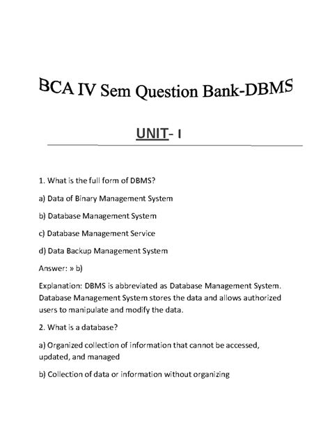 bca iv sem question bank dbms new unit i what is the full form of dbms a data of binary