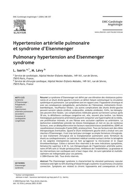 PDF Hypertension artérielle pulmonaire et syndrome d Eisenmenger