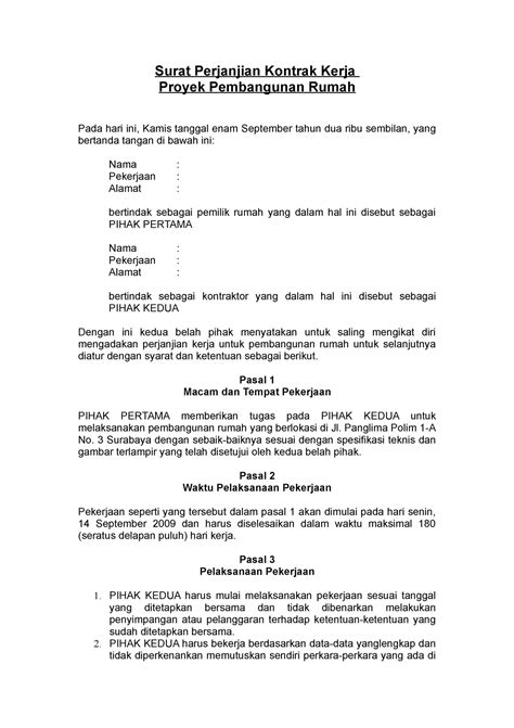 Surat Perjanjian Kontrak Kerja Proyek Surat Perjanjian Kontrak Kerja