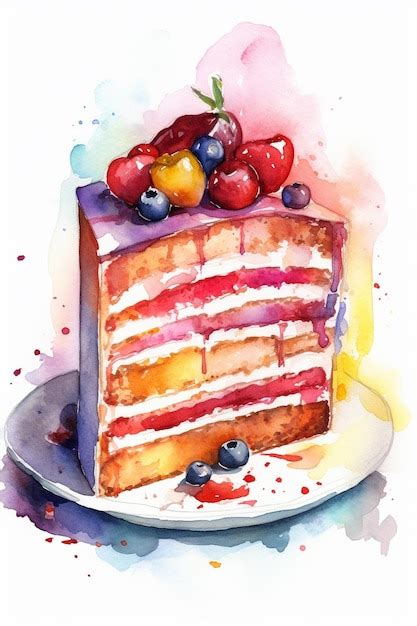 Una pintura de acuarela de un trozo de pastel con arándanos encima