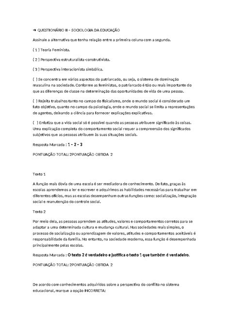 Questionário II Sociologia DA Educação QUESTIONÁRIO II SOCIOLOGIA
