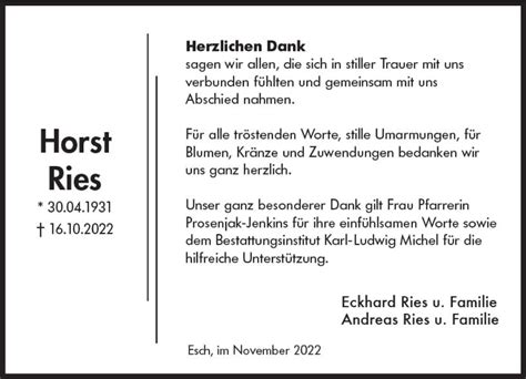 Traueranzeigen Von Horst Ries Vrm Trauer De