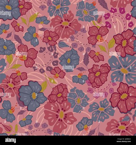 Pink And Blue Floral Garden Vector Seamless Pattern For Fabric Allover