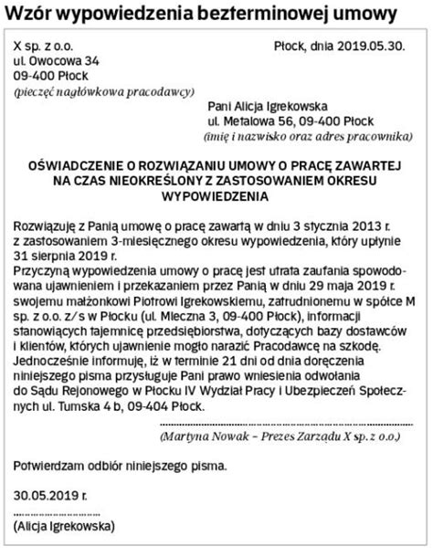 Wnioskodawca Zofia W Przebraniu Wypowiedzenie Umowy Na Czas