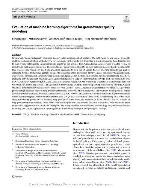 evaluation of machine learning algorithms for groundwater quality modeling request pdf