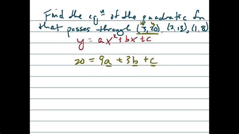 find quadratic function given 3 points youtube