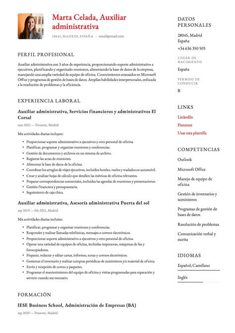 Currículum para Auxiliar Administrativo Crea tu CV GRATIS 18 plantillas