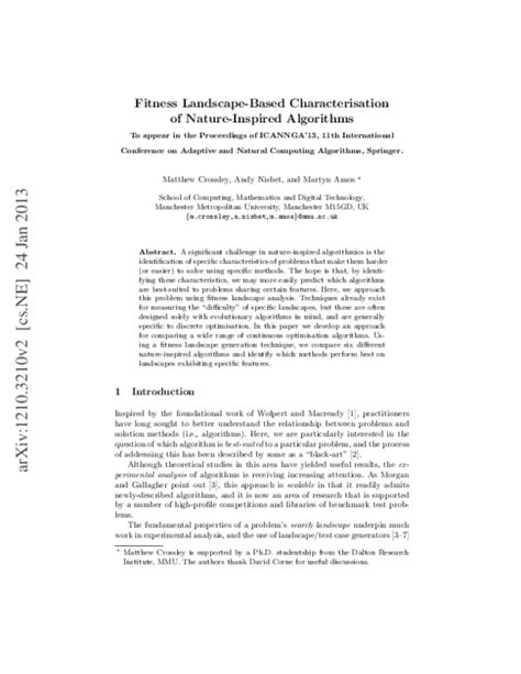 pdf fitness landscape based characterisation of nature inspired algorithms andy nisbet