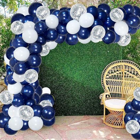 153Pcs Azul Marino Blanco Plata Confeti Globos Guirnalda Arco Kit 12