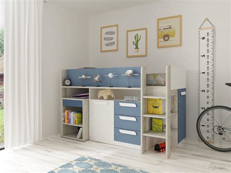 Lit Combin X Cm Avec Bureau Et Rangements Bleu Naturel Et
