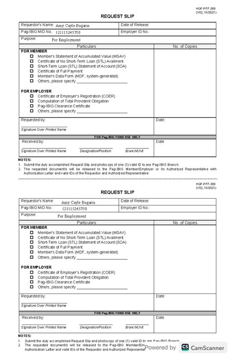 Pag Ibig Request Request Slip Requestors Name Date Of Release Pag