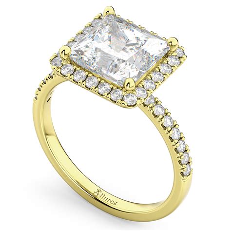 Princess Cut Halo Moissanite Diamond Engagement Ring 14K Yellow Gold