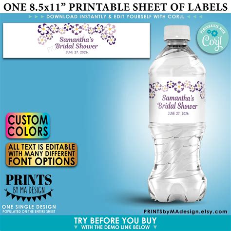 Bridal Shower Water Bottle Labels Custom Color Flowers Floral DIY
