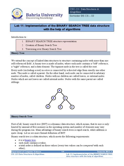 lab 11 implementation of the binary search tree data structure with the help of algorithms
