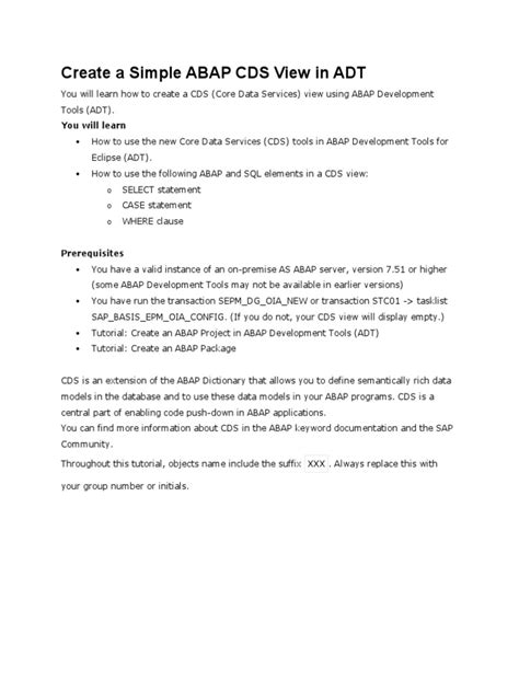 create a simple abap cds view in adt pdf parameter computer programming method computer
