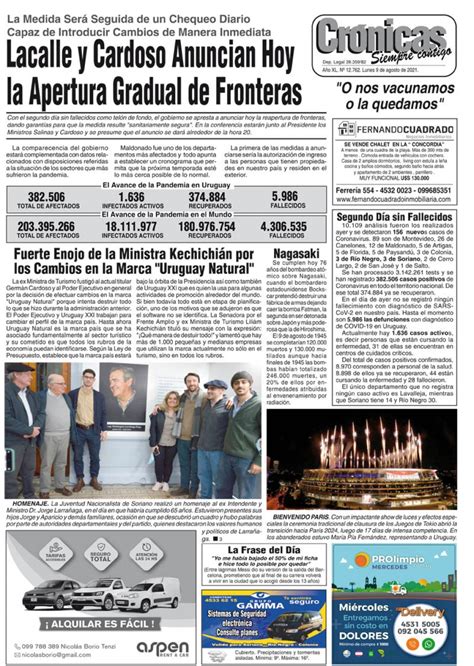 Diario Cr Nicas De Mercedes Soriano Uruguay Tapa Del Agosto