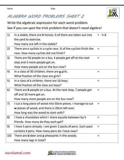 Linear Equations Word Problems Worksheet Algebra Dsap
