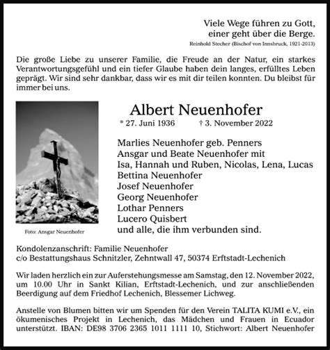 Traueranzeigen Von Albert Neuenhofer WirTrauern