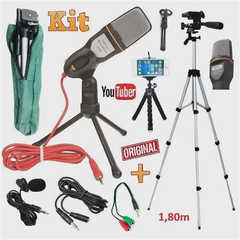Kit Youtuber Lapela Tripé 1 80m Câmera Celular Microfone de Mesa