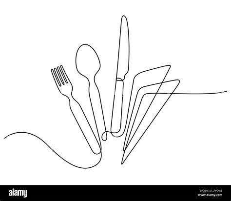 Utensils Set And Napkin In Continuous Line Drawing Style Spoon Fork