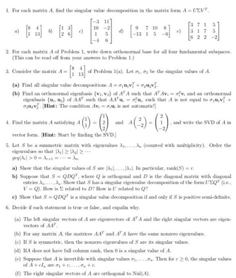 solved 1 for each matrix a find the singular value