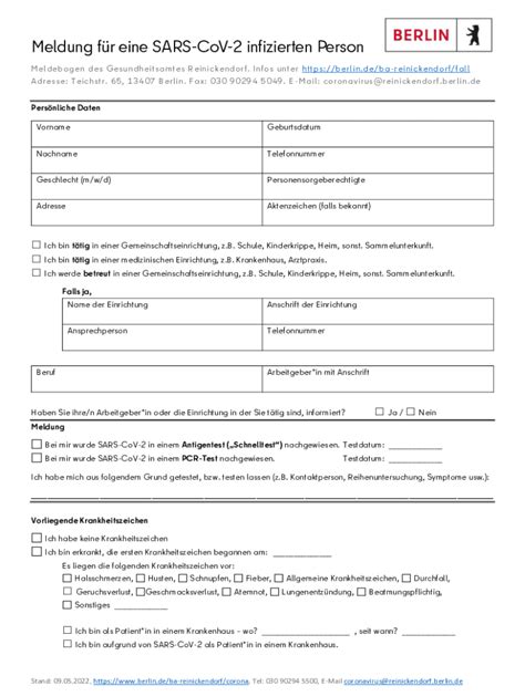 Ausfüllbar Online Meldung fr eine SARS CoV 2 infizierten Person Fax