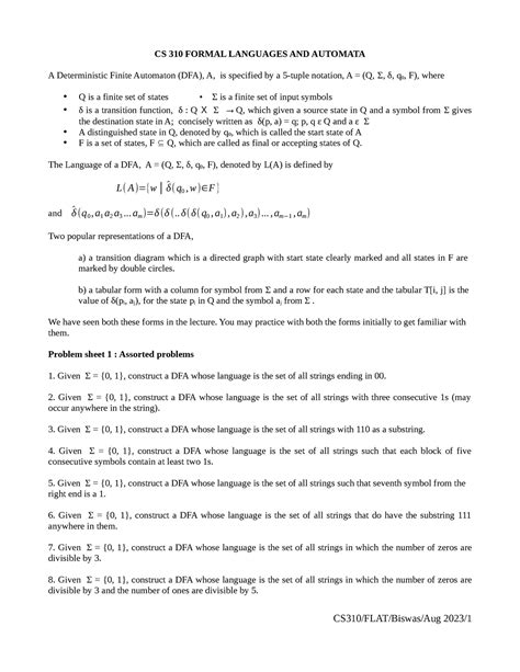 problem sheet 1 cs 310 formal languages and automata a deterministic finite automaton dfa a