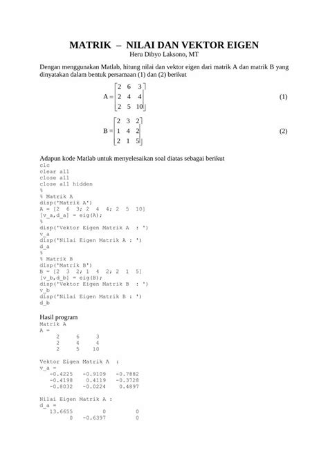 pdf matrik nilai dan vektor eigen tutorial matlab · matrik nilai dan vektor eigen heru
