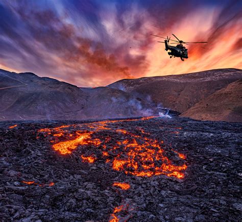 Helicopter Hovering Over The Fagradalsfjall Volcano