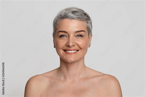 Beauty Portrait Of Attractive Nude Mature Woman With Short Hair Stock
