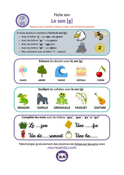 Le son g gu c g CP CE1 CE2 Leçons fiches d exercices PDF