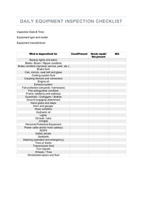 Printable Equipment Inspection Checklist Template