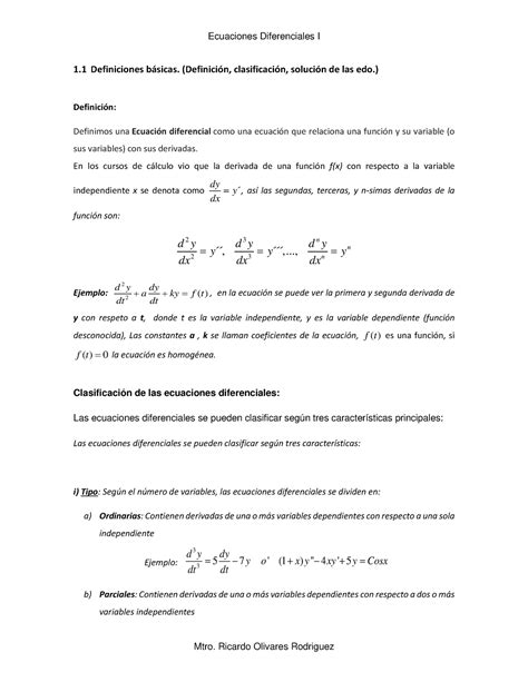 Definición y clasificación de las Ecuaciones Diferenciales Ecuaciones