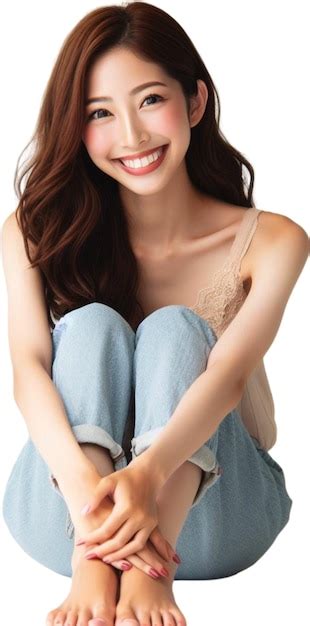 Premium Photo A Woman With Long Brown Hair And A White Shirt Is Sitting On A White Background