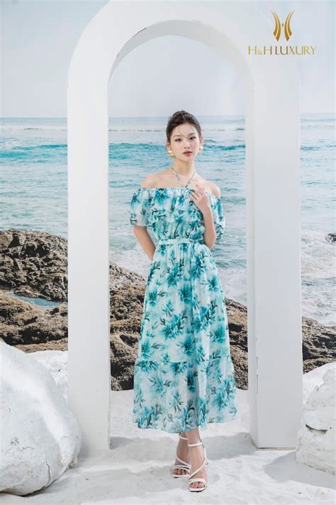 Đầm Maxi Tơ Ý Hoa Xanh Bèo Ngực