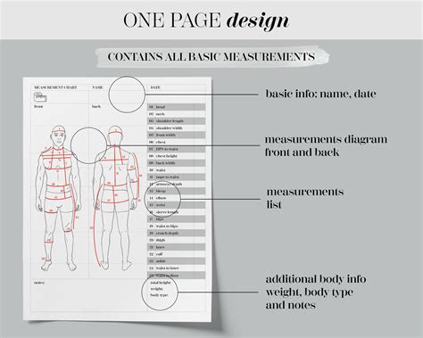 Body Size Chart Printable Digital Men Body Measurement Template Sewing