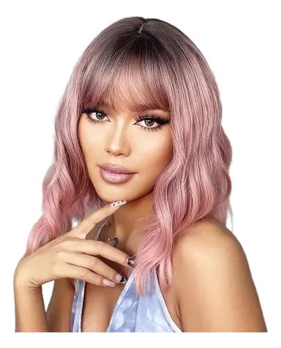 Peluca Rosa Corta Bob Ondulada Cosplay Para Mujer Con Fleco Meses Sin