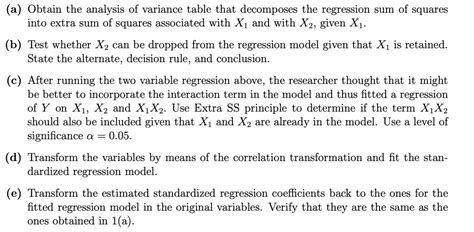 a obtain the analysis of variance table that decomposes the regression sum of squares into