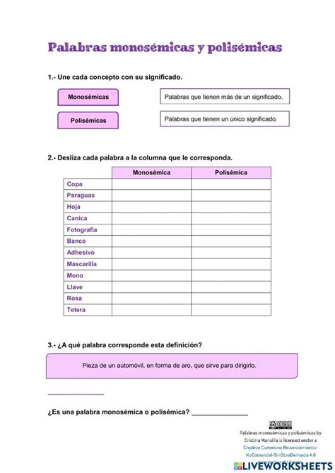 Palabras monosémicas y polisémicas exercise