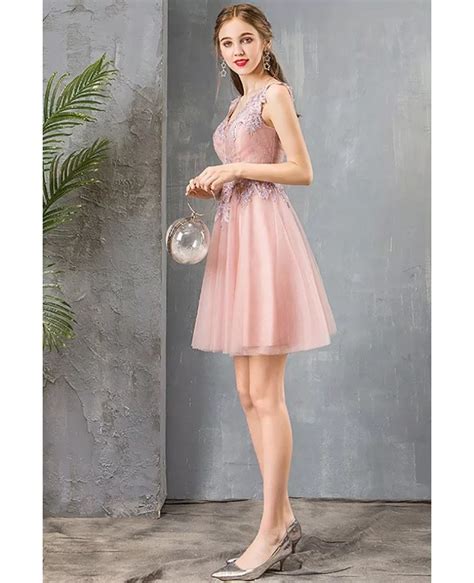 Cute Short Pink Tulle Party Prom Dress With Beaded Appliques Dm