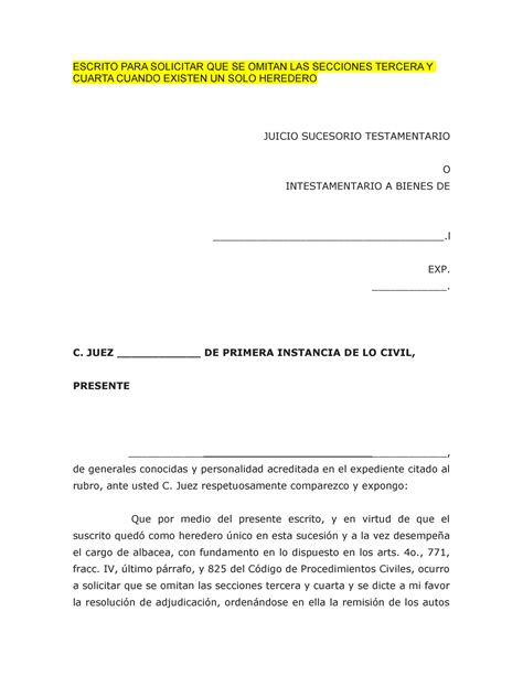 Escrito PARA Solicitar QUE SE Omitan LAS Secciones Tercera Y Cuarta