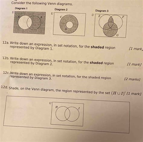 Consider The Following Venn Diagrams Diagram 1 Diagram 2 Diagram 3 U