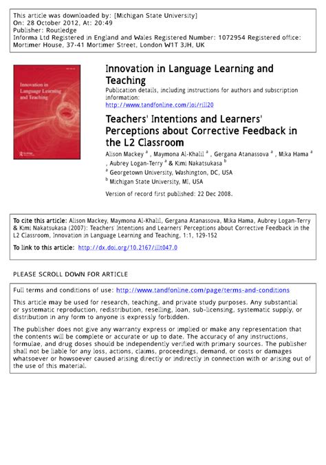 pdf teachers intentions and learners perceptions about corrective feedback in the l2 classroom