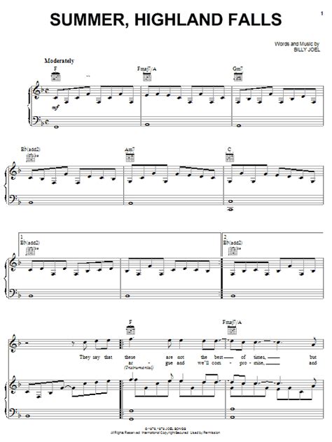 Summer Highland Falls By Billy Joel Sheet Music For Piano Vocal