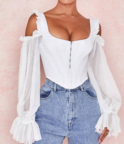 Blusa Feminina Top Cropped Manga Bufante Branca Corset Retr