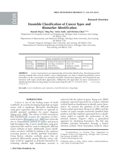 pdf ensemble classification of cancer types and biomarker identification ming lok wu