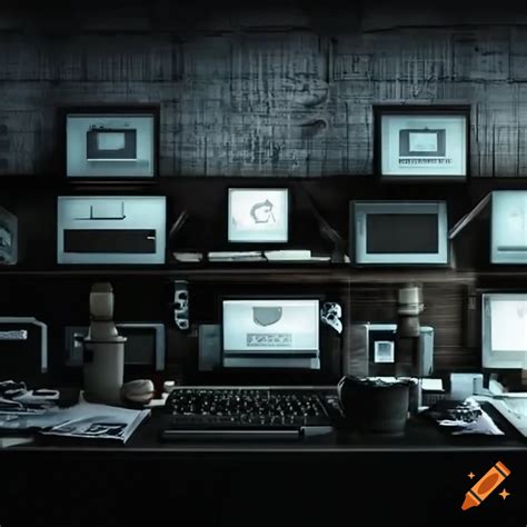 Dimly Lit Room With Multiple Computer Monitors And Hacker Themed