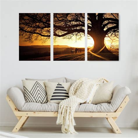 Quadro Árvore Nascer do Sol 3P Sem Moldura Elo7