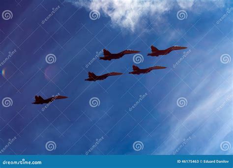 Military Fighters Jet Three Group Aircraft At High Speed Above The Road